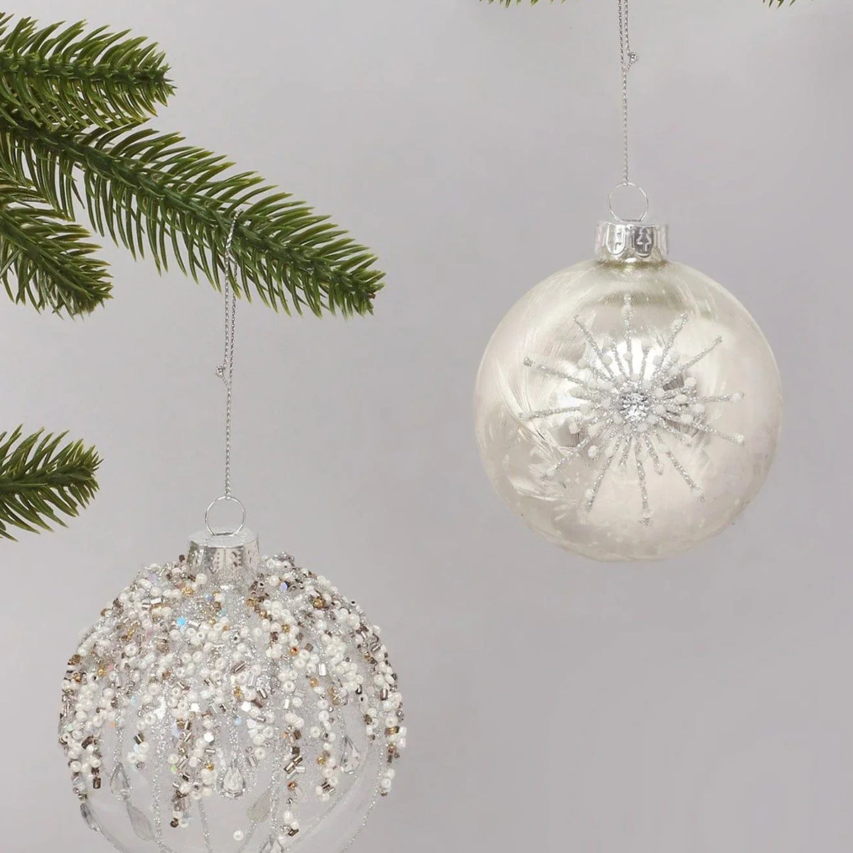 Glass Bauble with Beads and Silver Frosted Glass Bauble with Snowflake ...